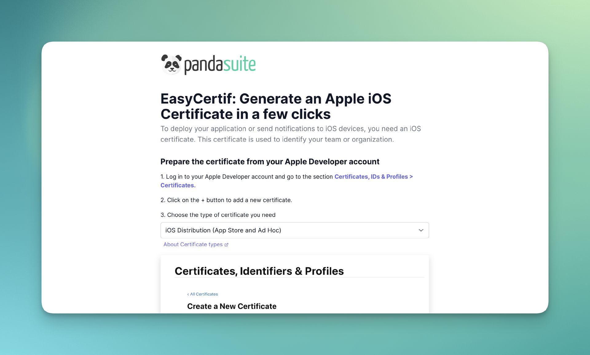 Generate an iOS certificate | PandaSuite Docs