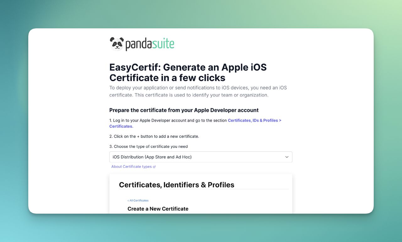 Generate an iOS certificate | PandaSuite Docs