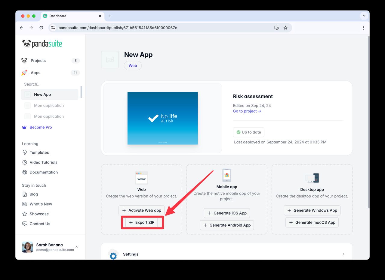 Export a ZIP file | PandaSuite Docs